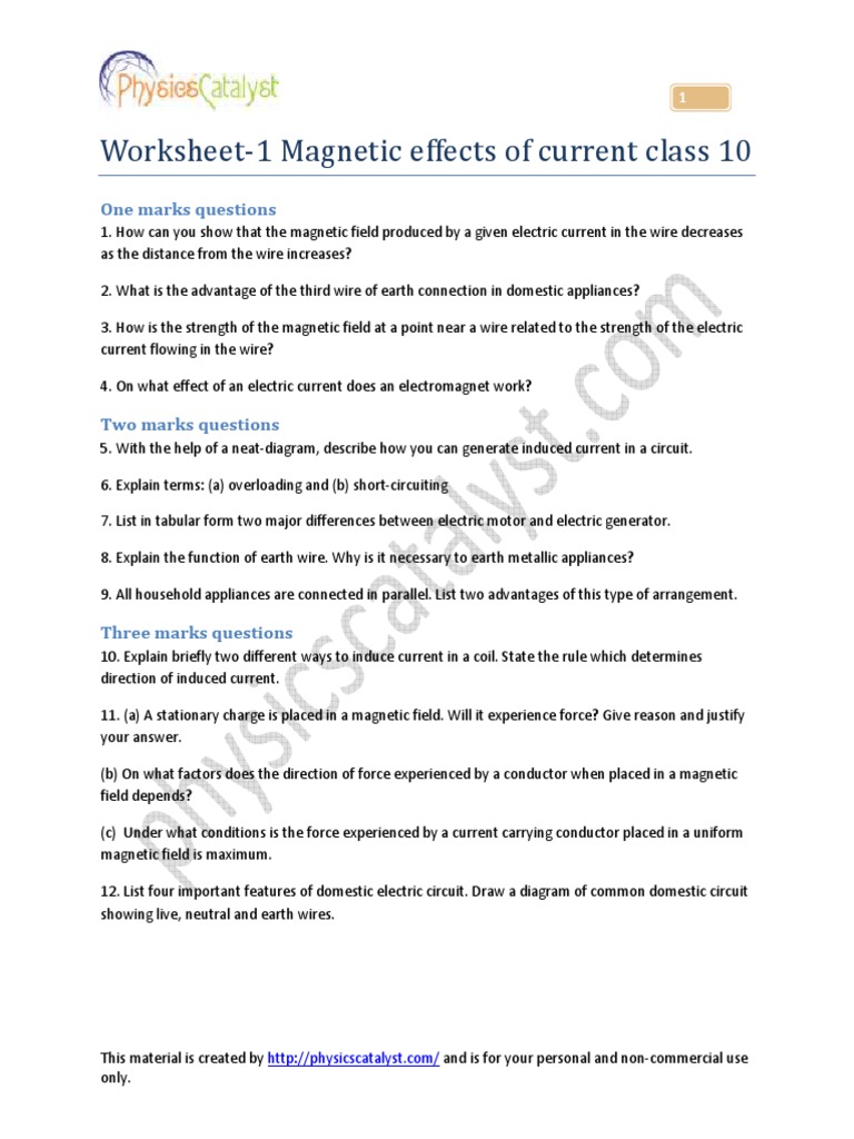 Worksheet-1 Magnetic Effects of Current Class 10 | PDF