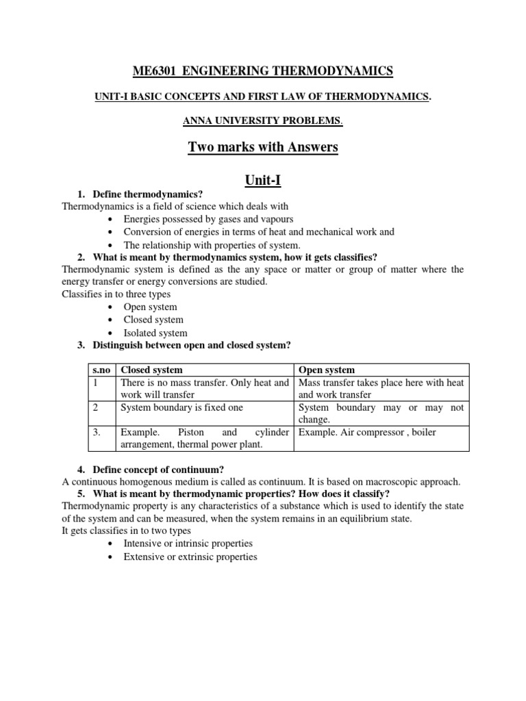 Two Marks With Answers Unit-I: Me6301 Engineering Thermodynamics | PDF ...