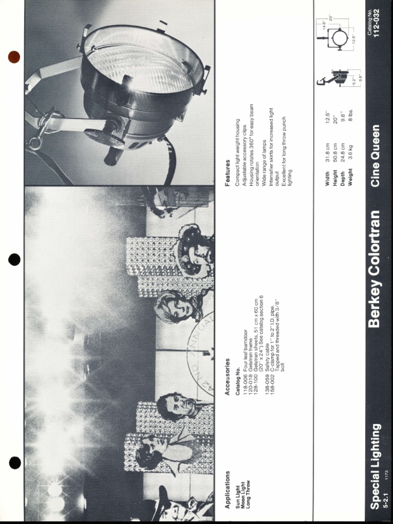 Berkey Colortran Cine Queen Spec Sheet 1973 | PDF