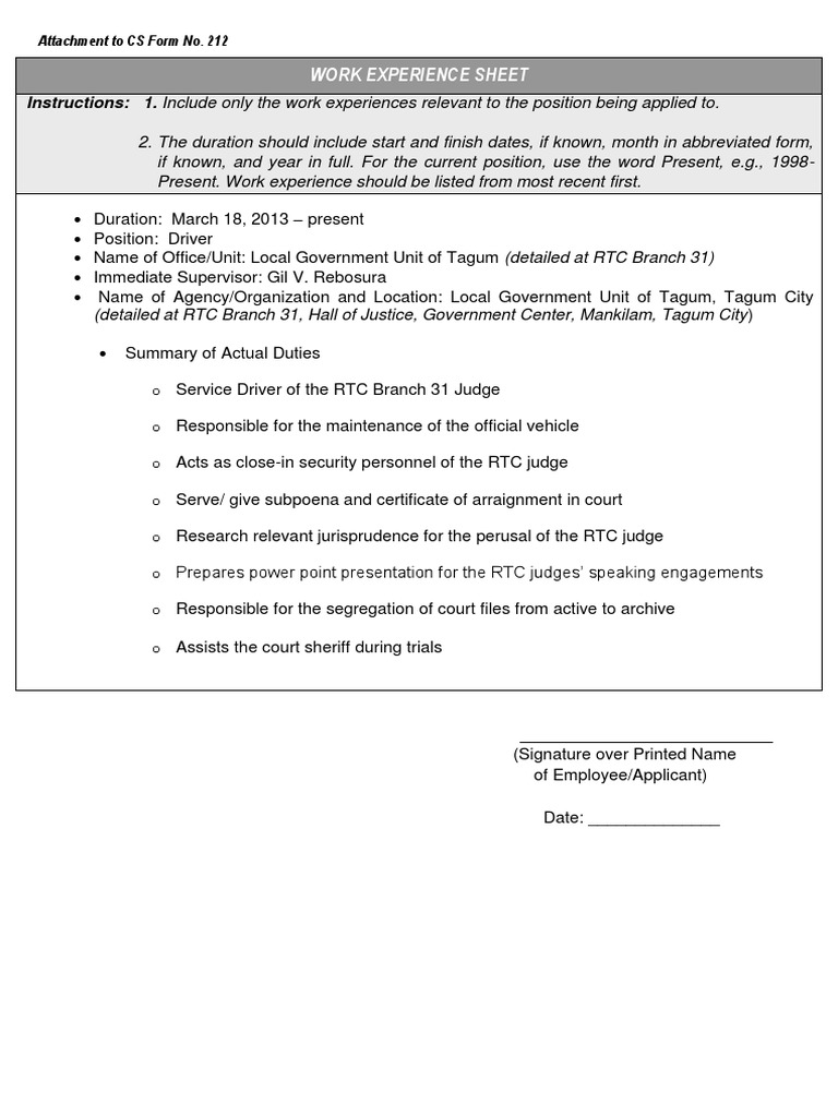 CSC FORM - Work Attachment Sheet | PDF | Judge | Common Law