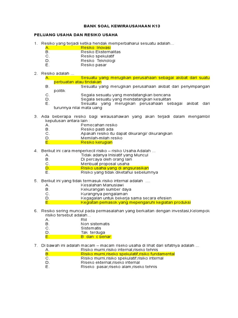 Latihan Soal Bapak Taruna Kewirausahaan Xii Al Jurusan | PDF