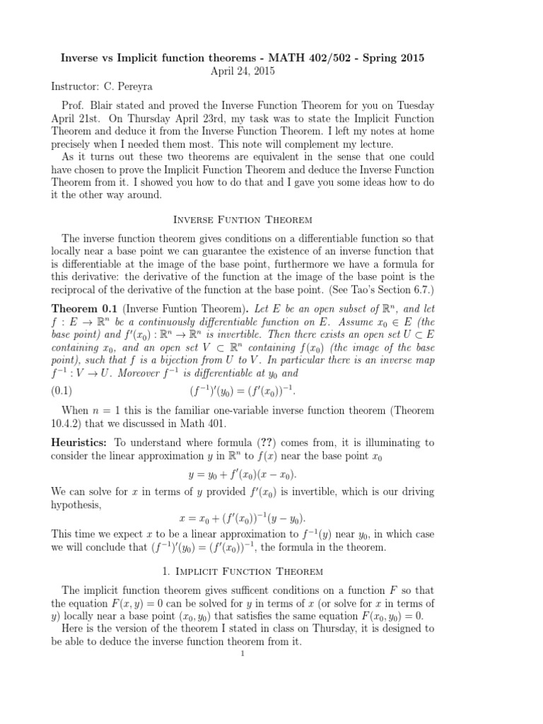 Deriving The Implicit Function Theorem From The Inverse Function 0860