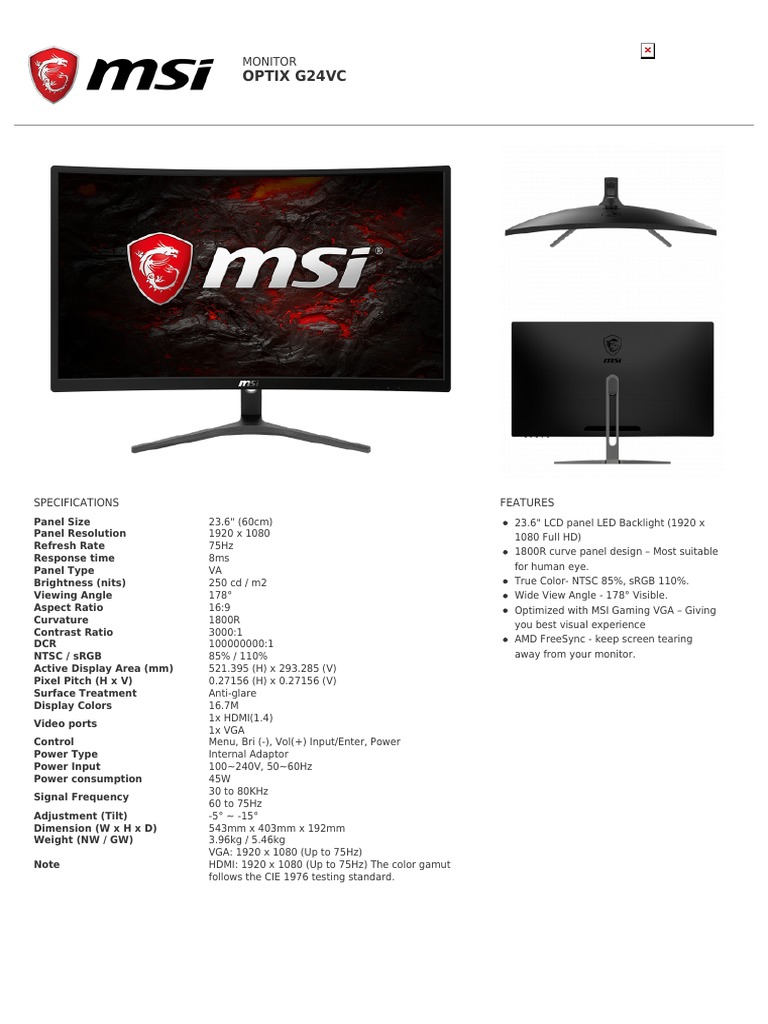 MSI Optix G24VC Monitor Overview | PDF