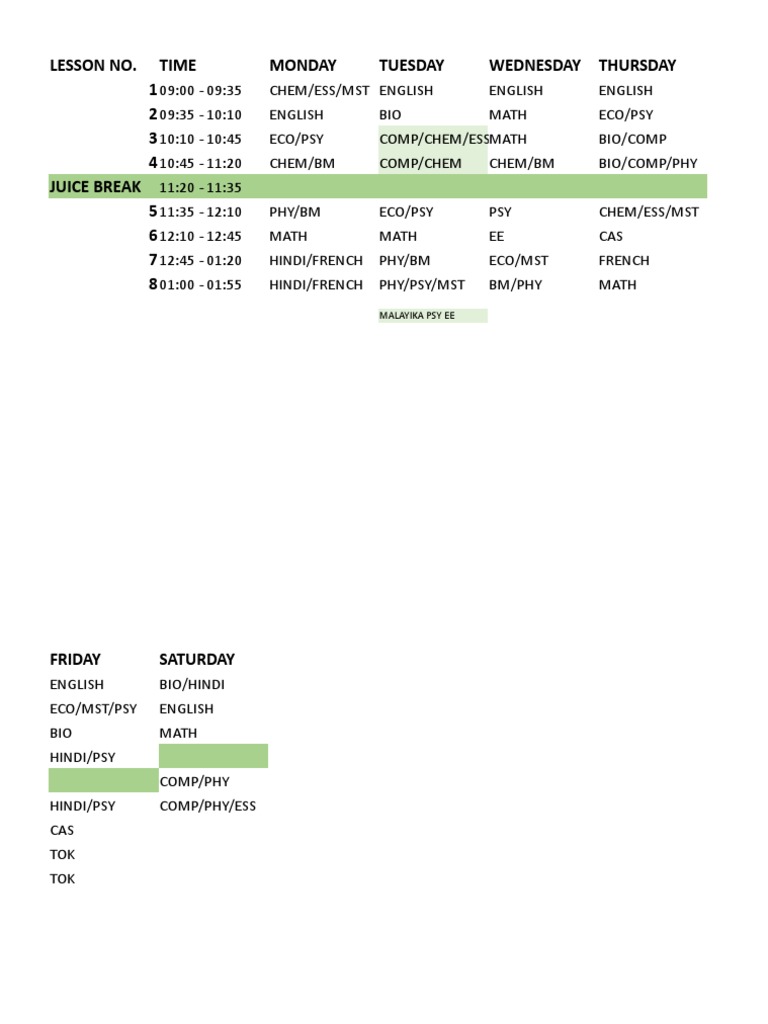 Lesson No. Time Monday Tuesday Wednesday Thursday 1 2 3 4 Juice Break 5 ...