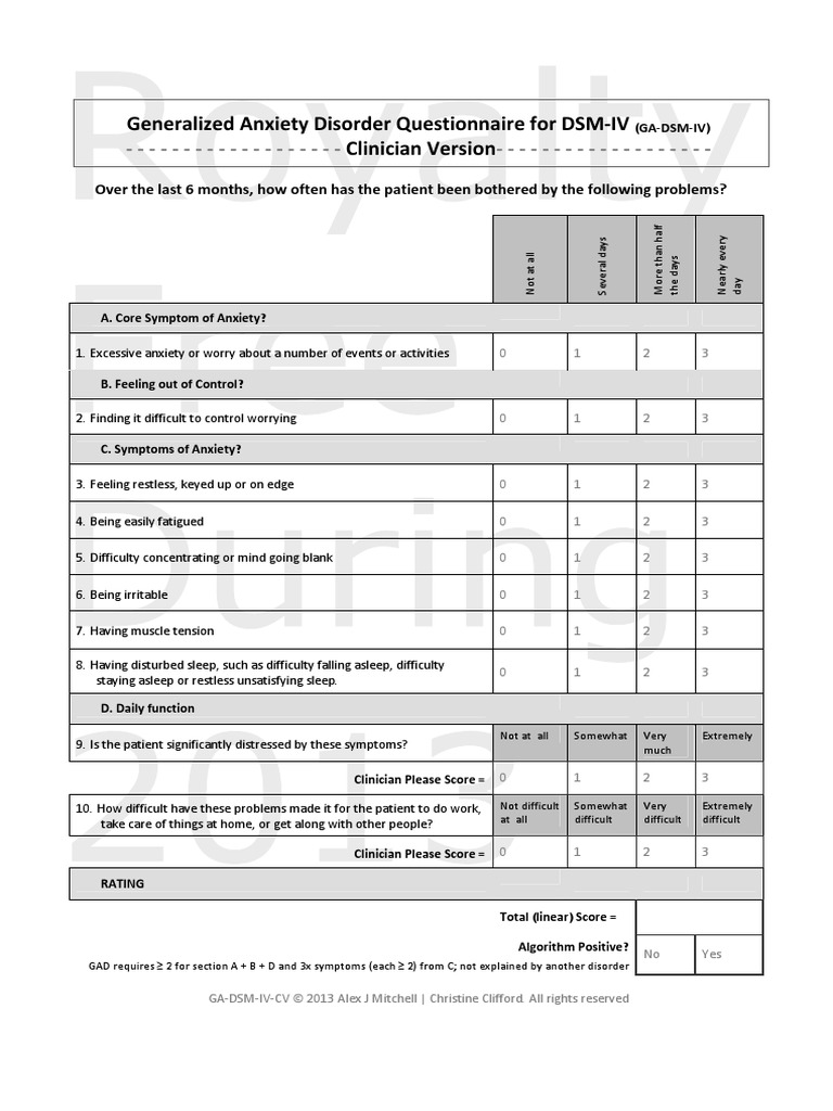 Generalized Anxiety Disorder Questionnaire For DSM IV Clinician Version ...