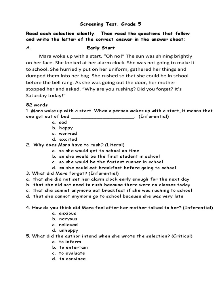 Screening Test GRADE5 | PDF