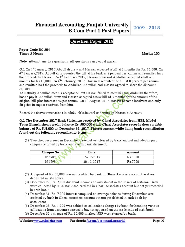 Financial Accounting Punjab University: Question Paper 2018 | PDF ...