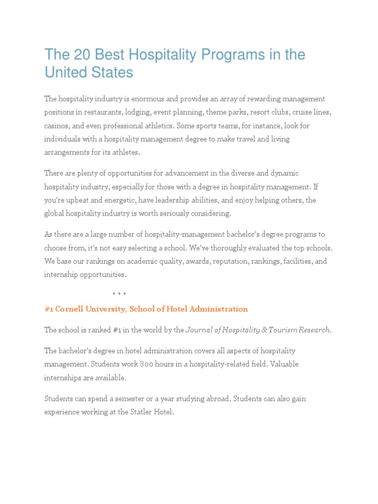 The 20 Best Hospitality Programs in The United States | PDF | Bachelor ...