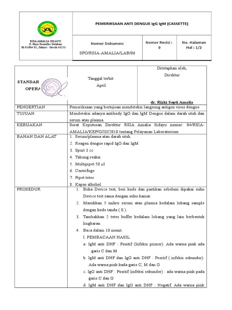 Sop Pemeriksaan Anti DHF IgG IgM | PDF