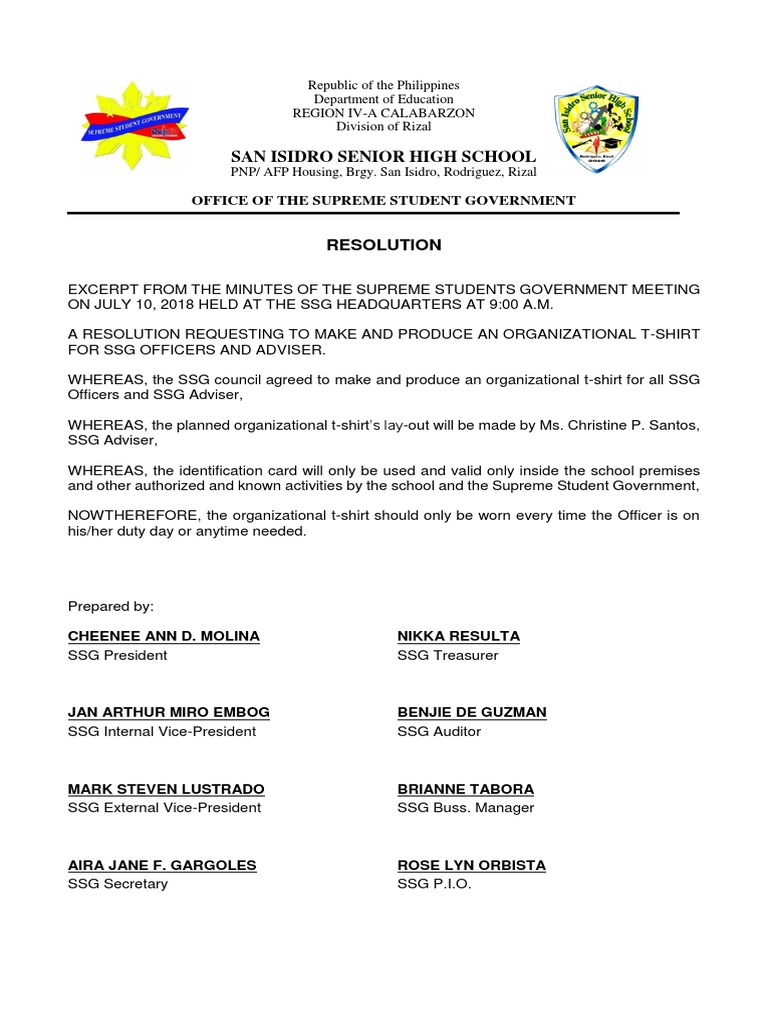 SSG Organizational T-Shirt Resolution | PDF