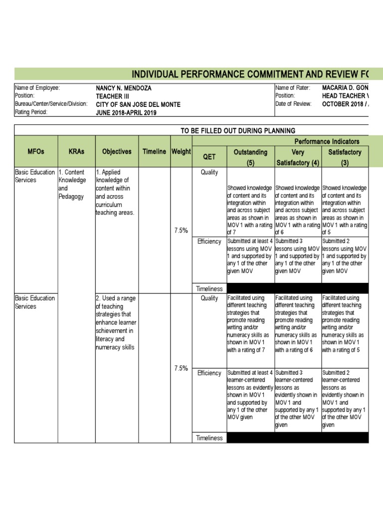 Individual Performance Commitment and Review Form (Ipcrf) For Teacher I ...