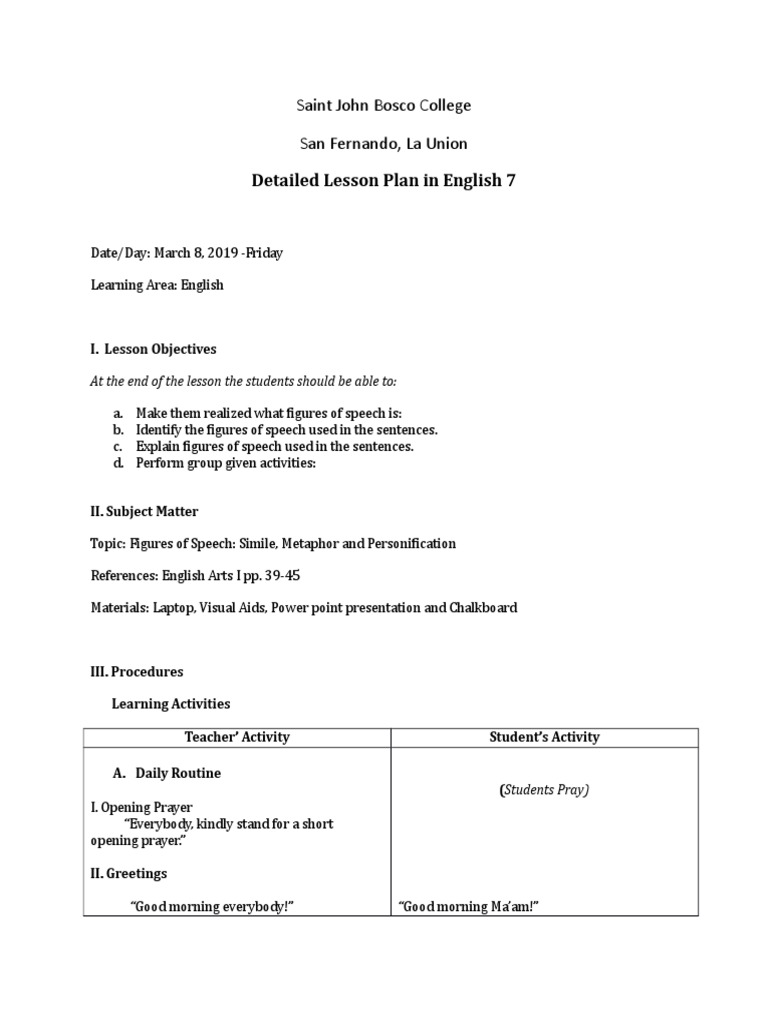 Lesson Plan Saint John BOSCO | PDF | Metaphor | Anthropomorphism