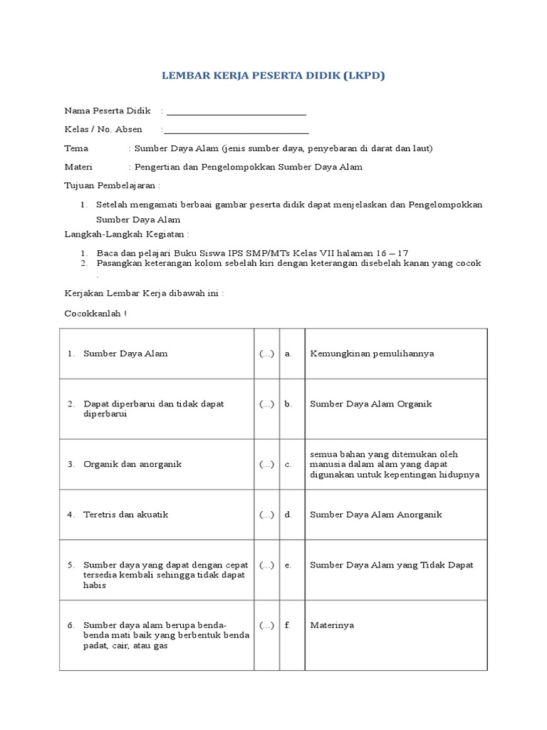 LKPD Pengertian Dan Pengelompokan Sda Indonesia | PDF