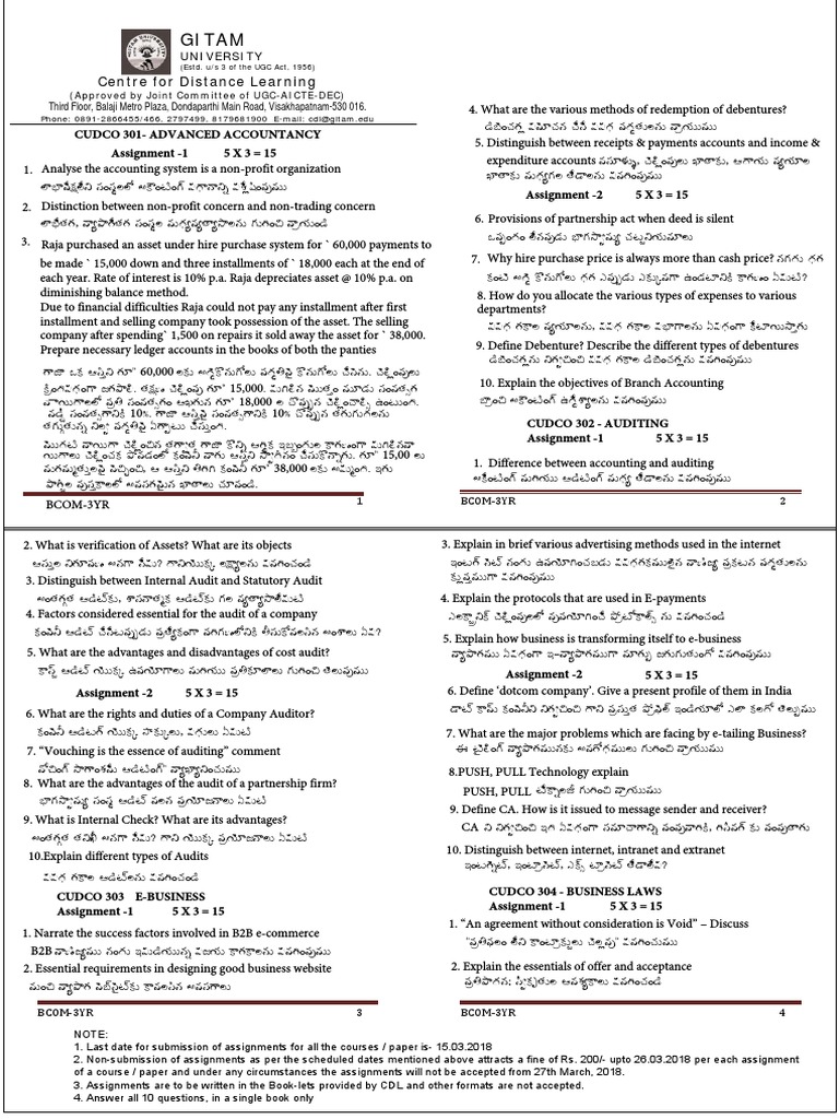 BCom Third Year Assignments | PDF | Revenue | Audit