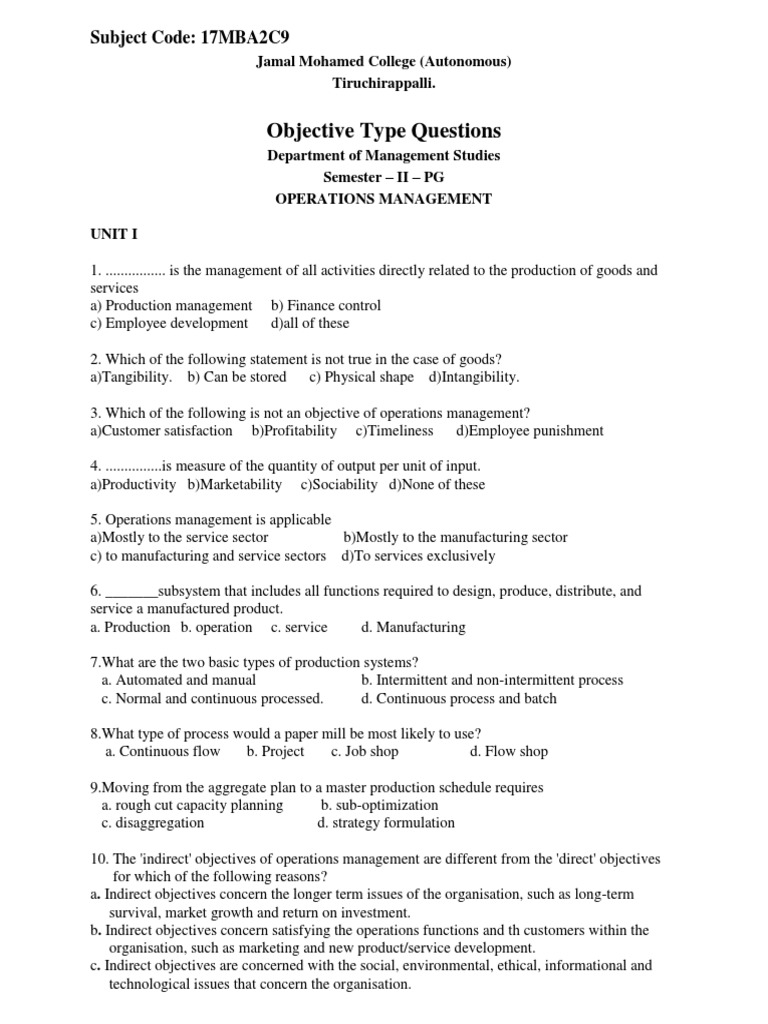 Objective Type Questions on Operations Management Topics Including ...
