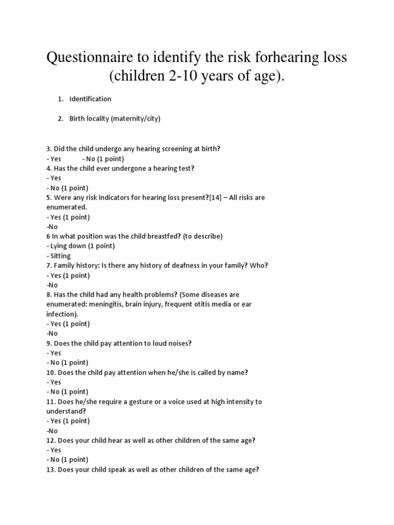 Hearing Loss Risk Questionnaire for Kids | PDF | Hearing Loss | Public ...
