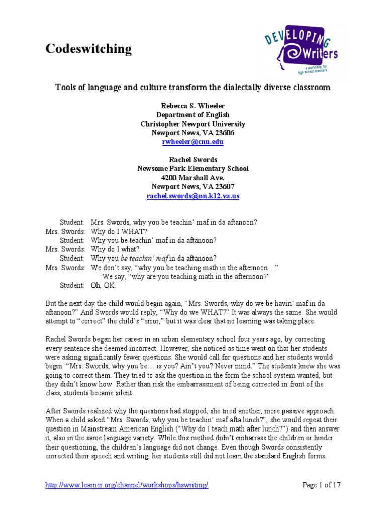 Codeswitching: Tools of Language and Culture Transform The Dialectally ...