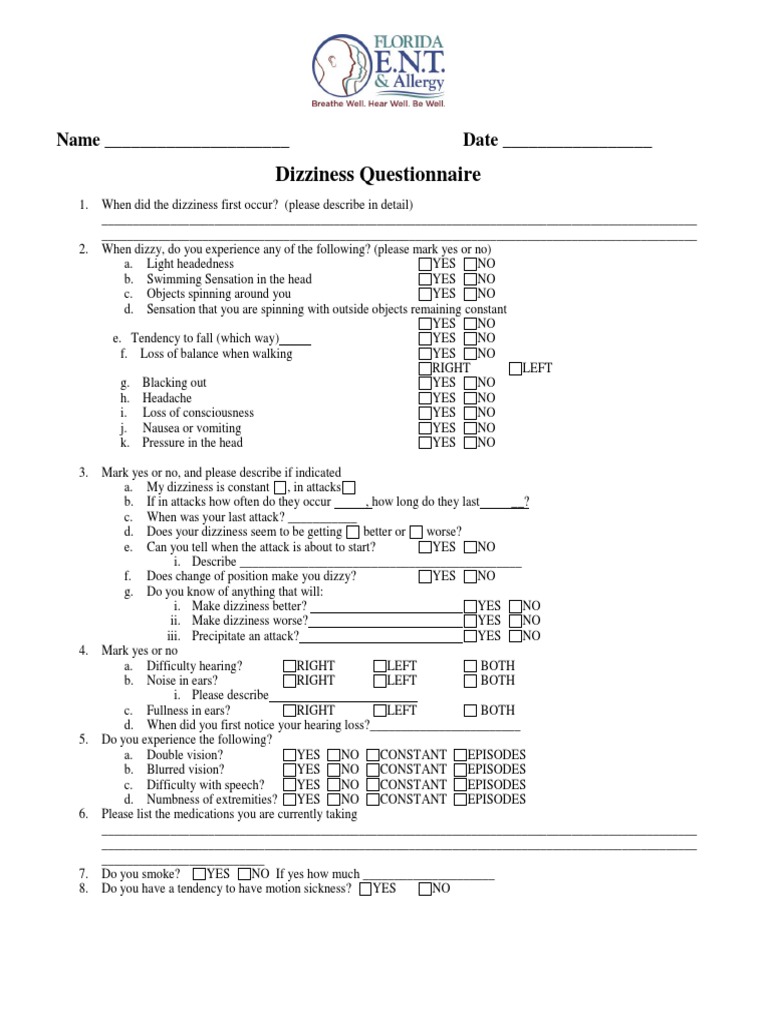 Dizziness Questionnaire: Name - Date | PDF | Vertigo | Nervous System