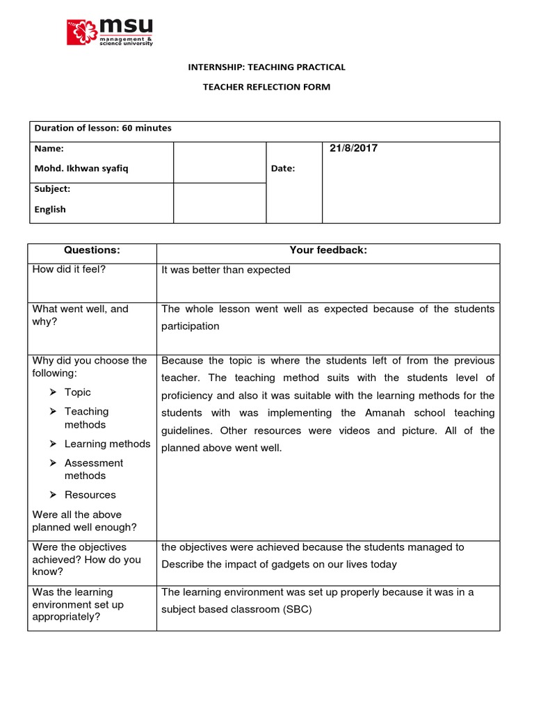 Internship: Teaching Practical Teacher Reflection Form | PDF