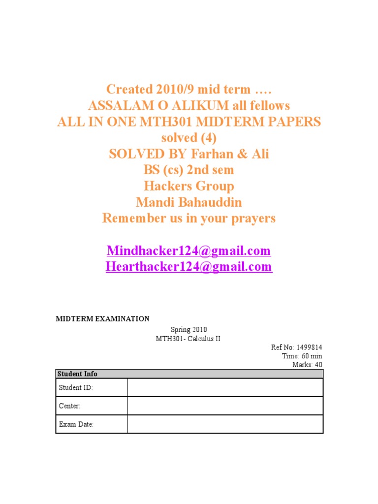 MTH301 MidTerm 2010 | PDF | Norm (Mathematics) | Maxima And Minima