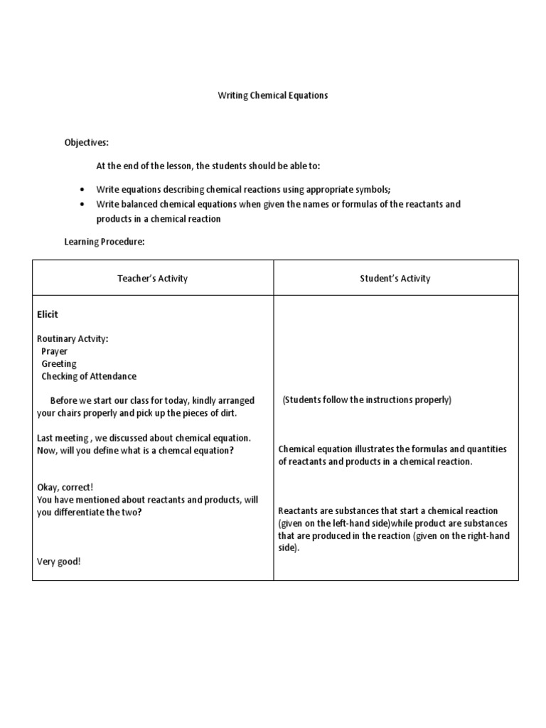 Writing Chemical Equations PDF Chemical Reactions Atoms