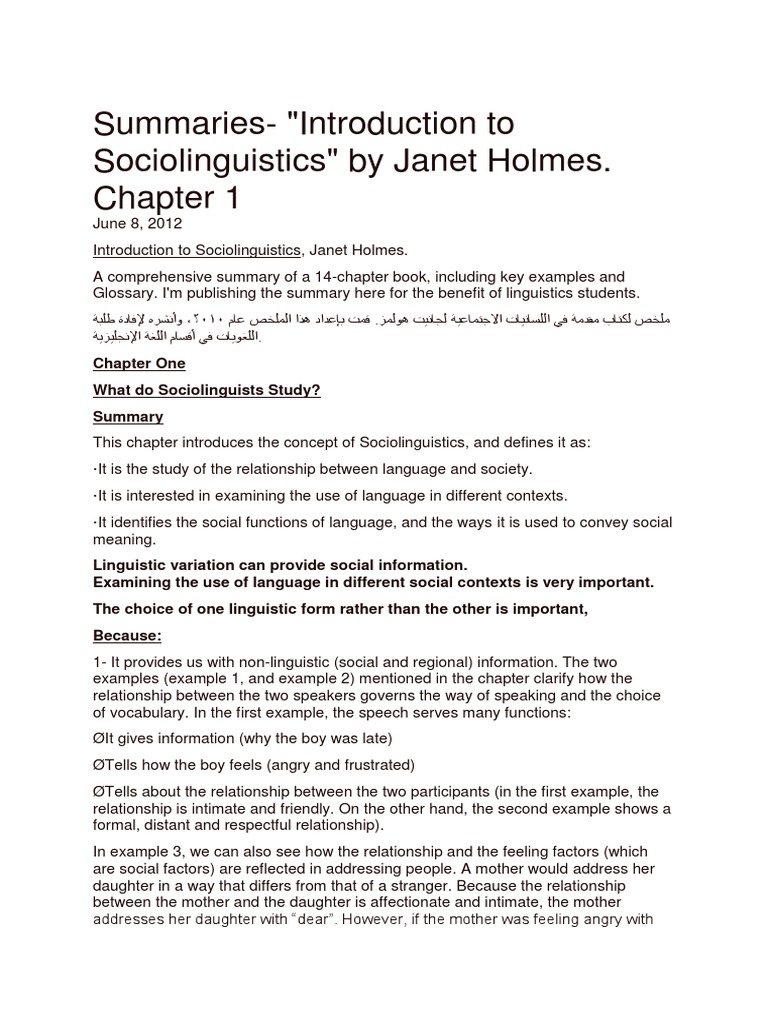 Chapter 1 Summary of An Introduction To Sociolinguistics (Janet Holmes) | PDF | Dialect ...