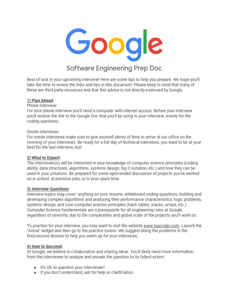 Google Software Engineering Prep Document Pdf Algorithms Computer