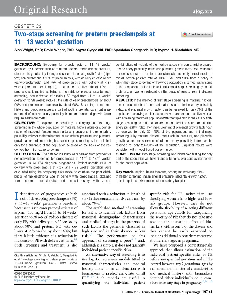 Two-Stage Screening For Preterm Preeclampsia at 11 E13 Weeks' Gestation ...
