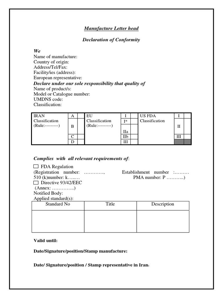 FDA Declaration of Conformity Template | PDF | Computers | Technology ...