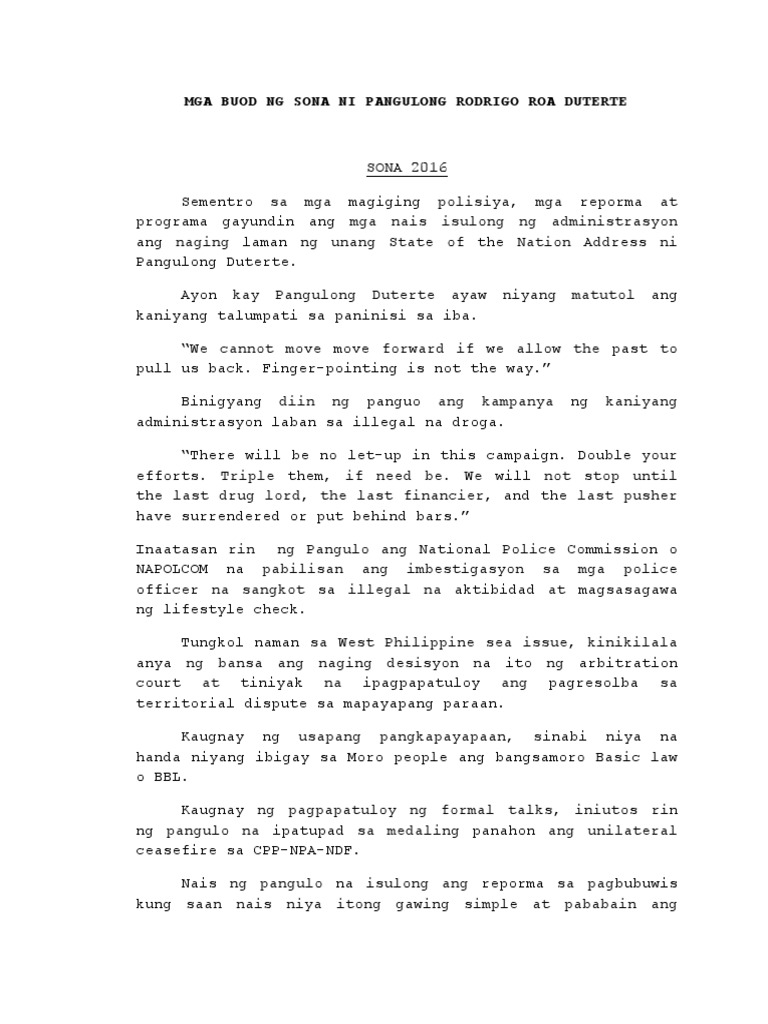 Mga Buod NG Sona Ni Pangulong Rodrigo Roa Duterte | PDF