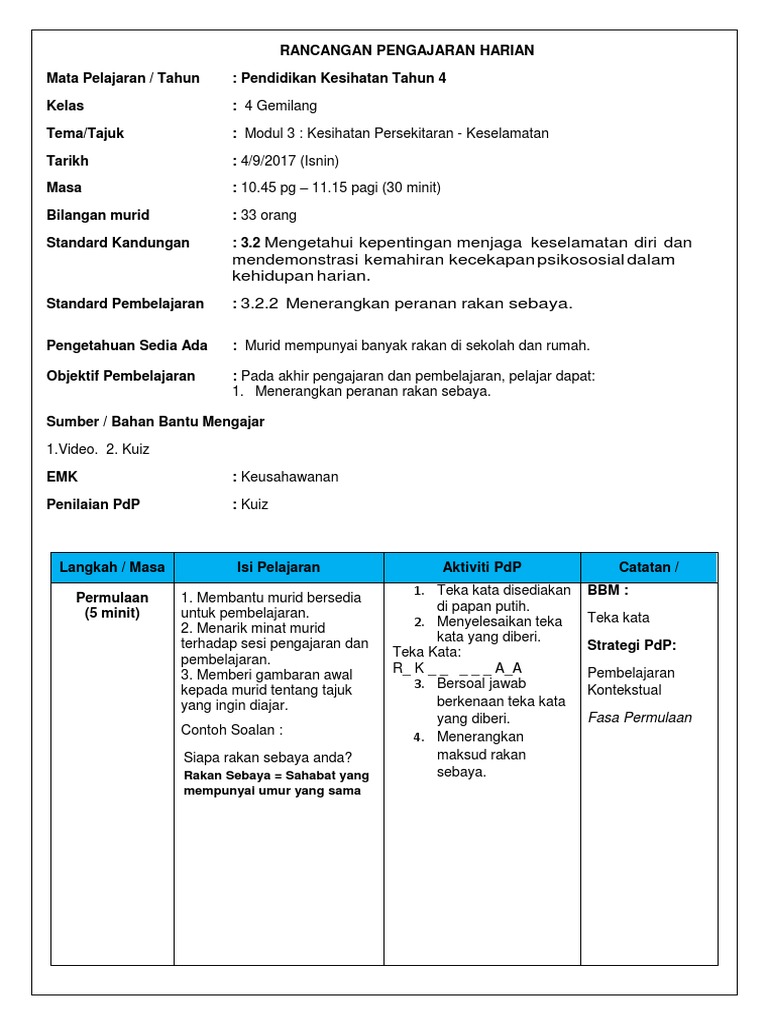 RPH Peranan Rakan Sebaya Th4 (m11) | PDF