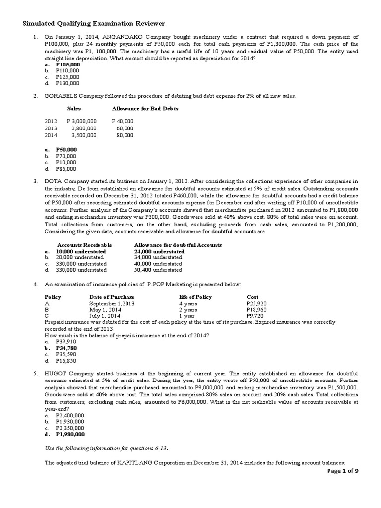 Simulated Qualifying Examination Reviewer - Accounting Questions | PDF ...
