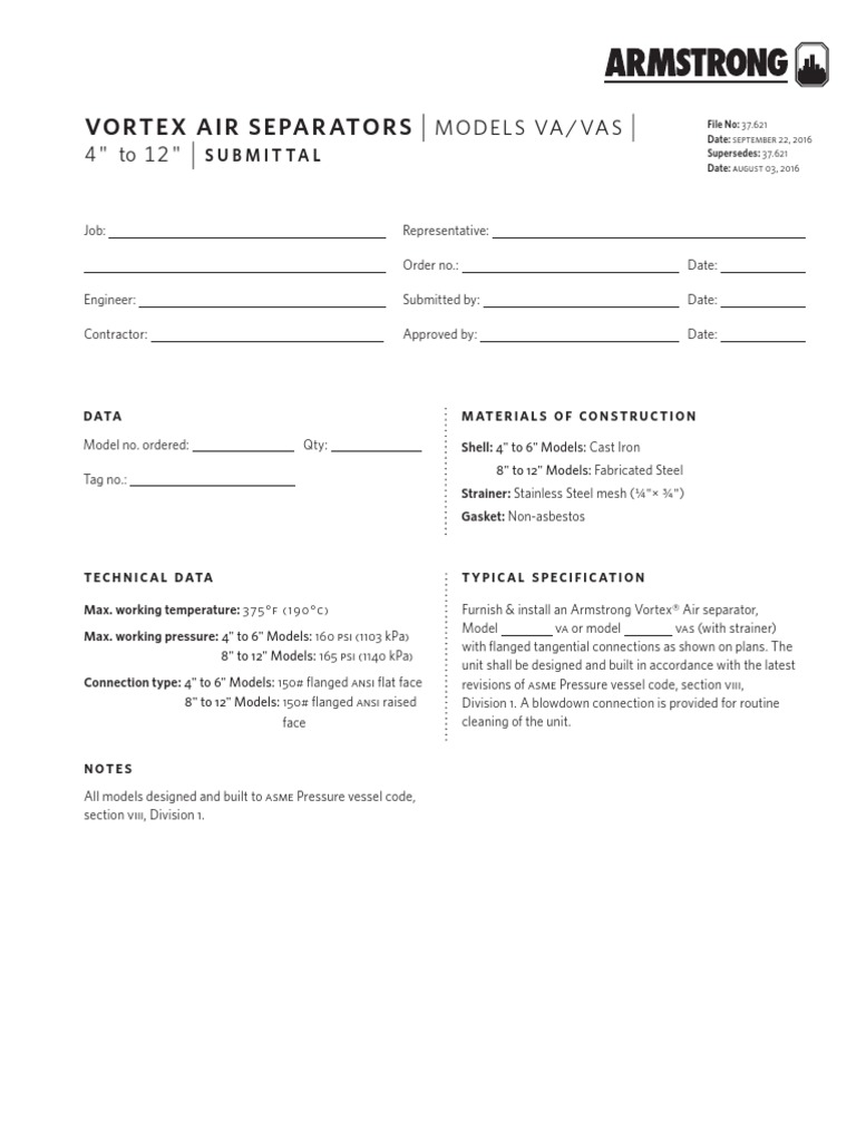 37 621 Vortex Air Separators Models VA and VAS 4 To 12 SD | PDF ...