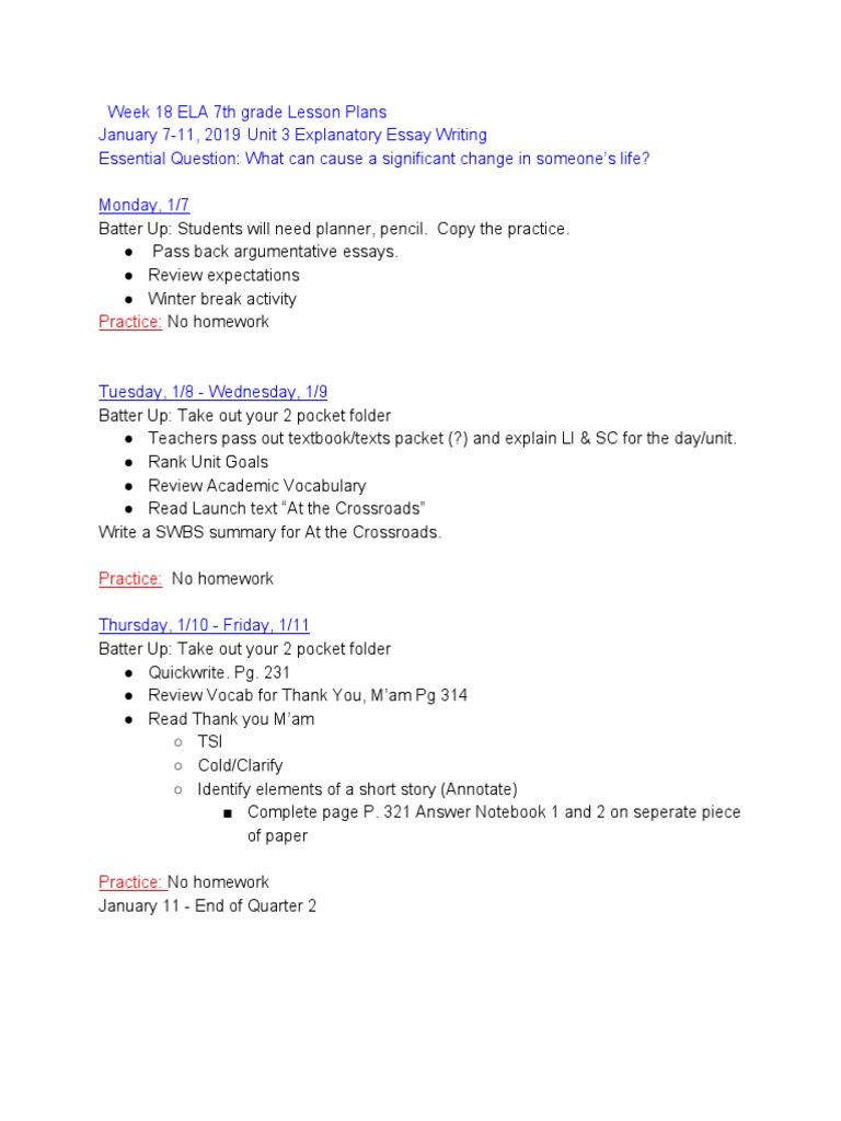 7th Grade ELA Lesson Plans Overview | PDF | Essays | Lesson Plan