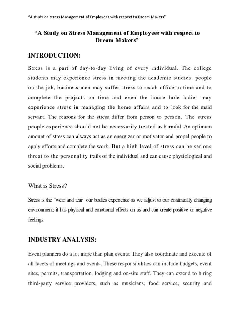 A Study On Stress Management of Employees With Respect To Dream Makers | PDF | Occupational ...