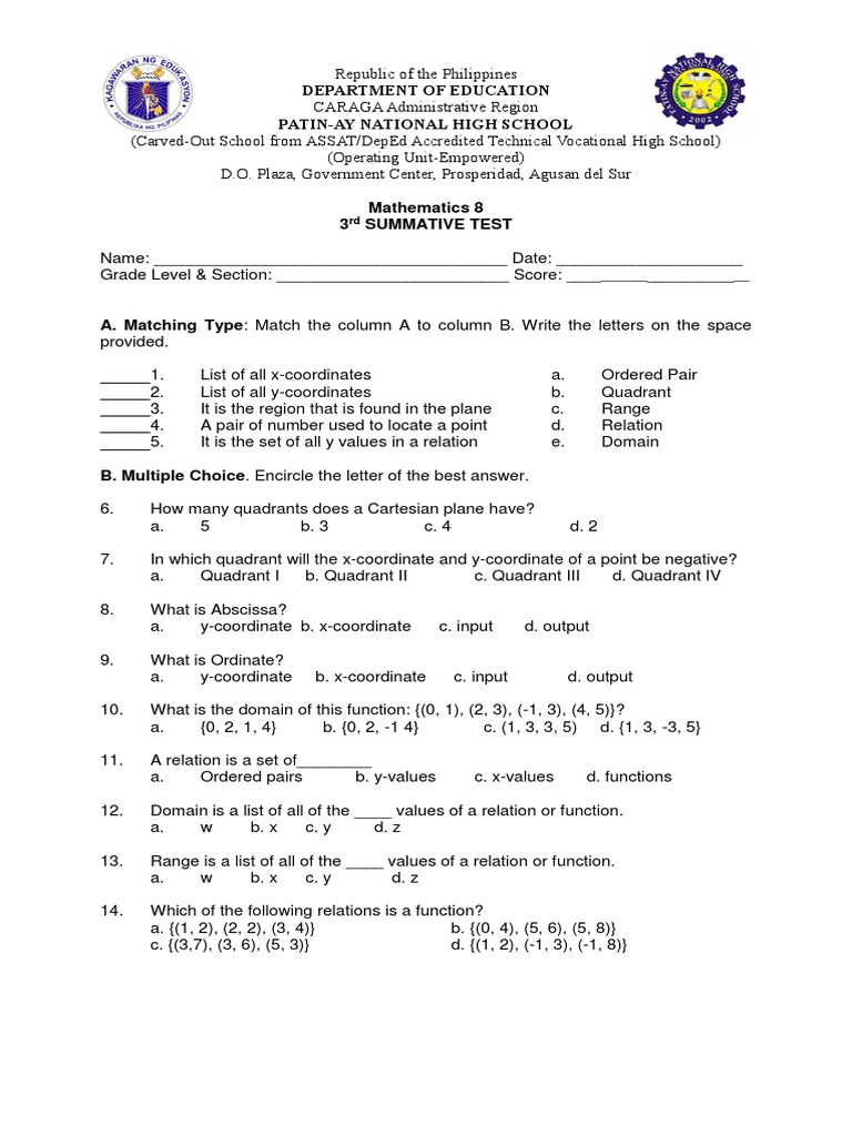G-8 3rd Summative Test | PDF | Cartesian Coordinate System | Function ...