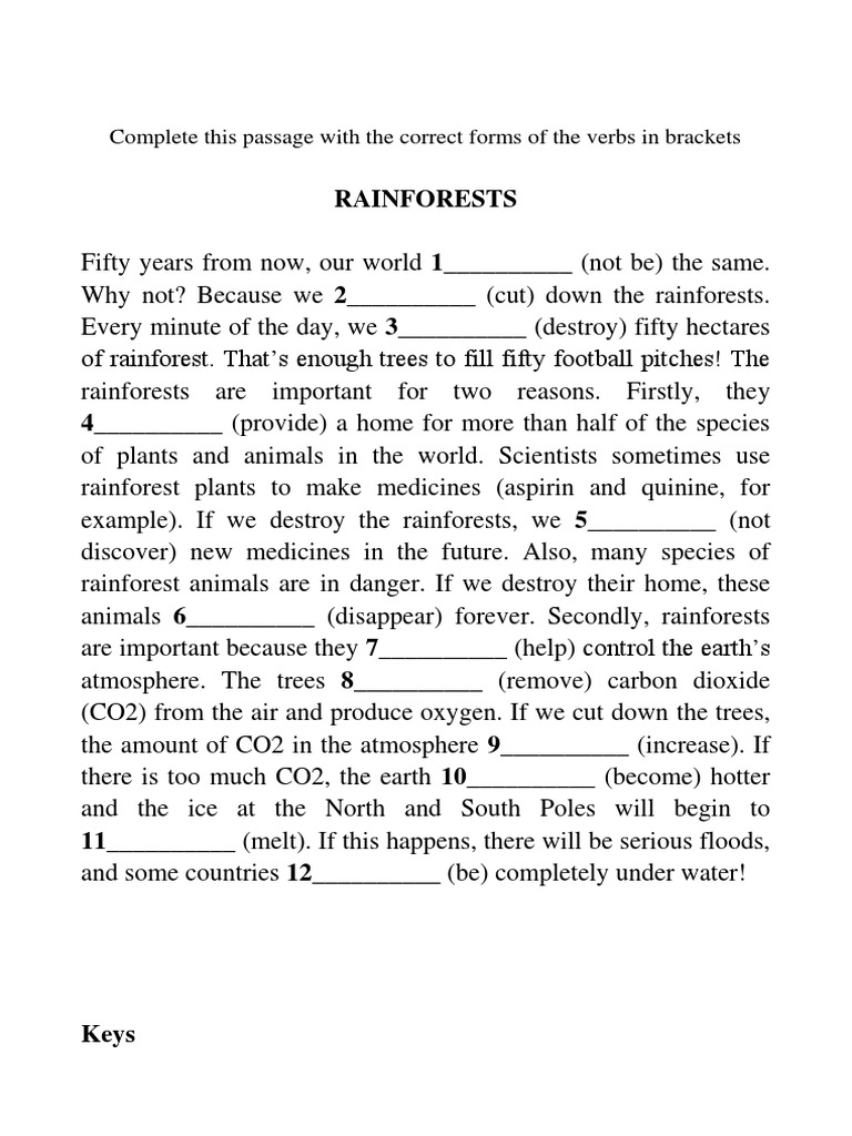 Cloze Test (Verb Tenses) - Rainforests | PDF