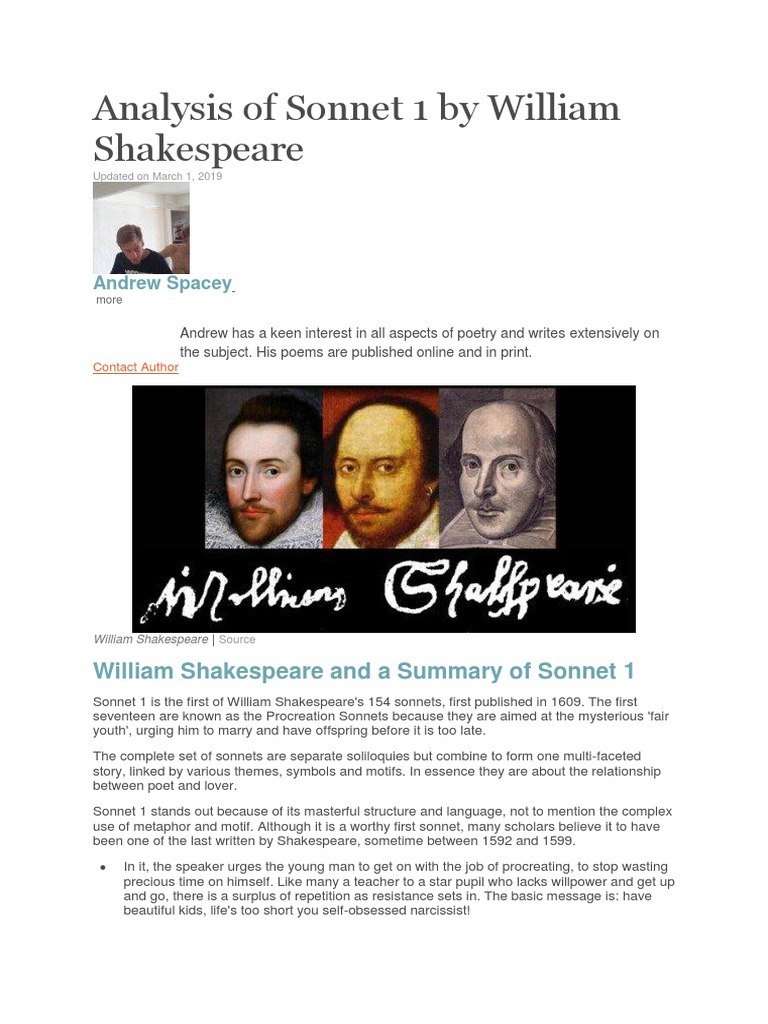 Analysis of Sonnet 1 by William Shakespeare | PDF | Metre (Poetry ...