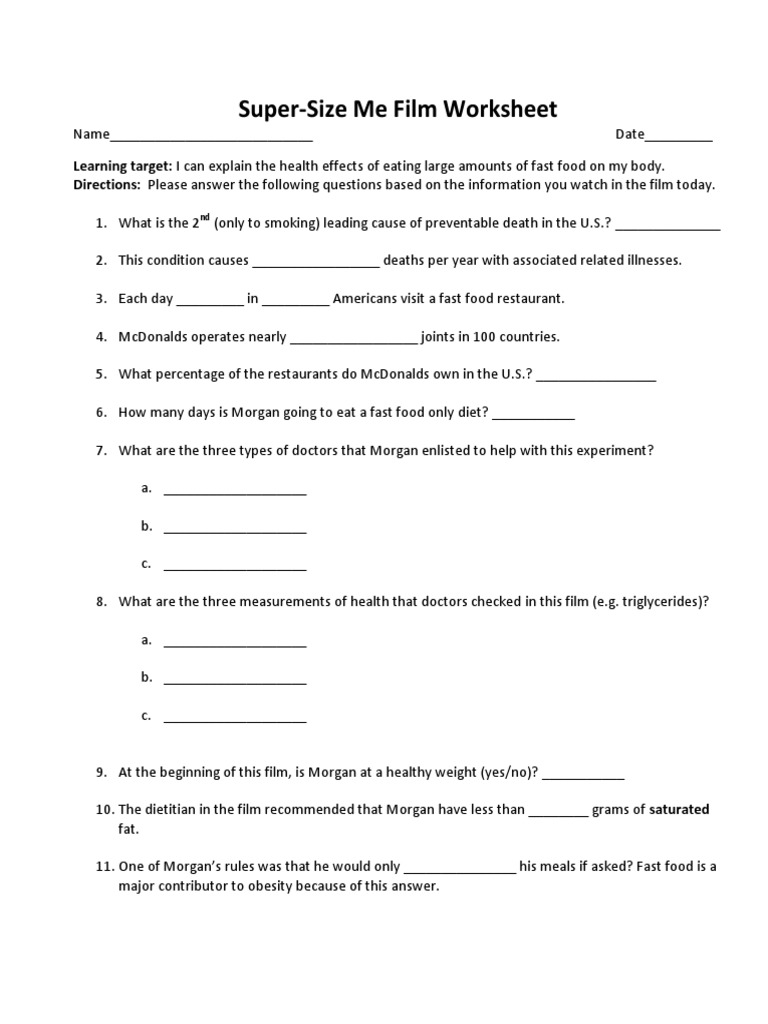 Super Size Me Film Worksheet Regular Film Version | PDF | Obesity ...