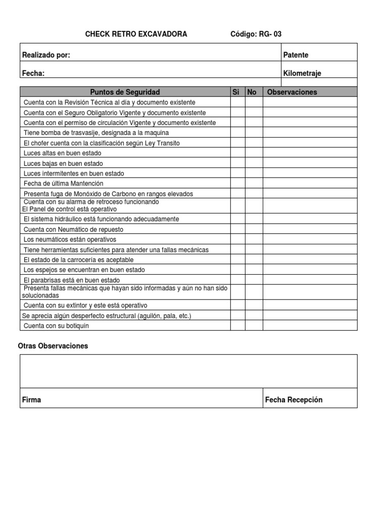03 Check List Retro Excavadora | PDF