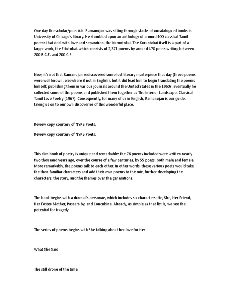 Ak Ramanujan Why Sangam Poems | PDF | Poetry