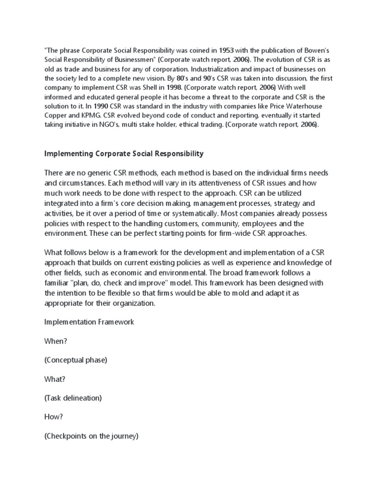 Implementing Corporate Social Responsibility | PDF | Corporate Social ...