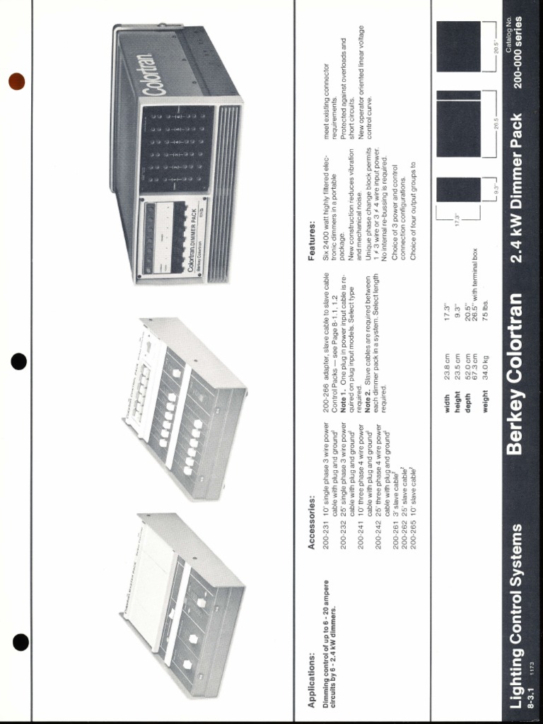 Berkey Colortran Lighting Control System 2.4 KW Dimmer Pack Spec Sheet ...