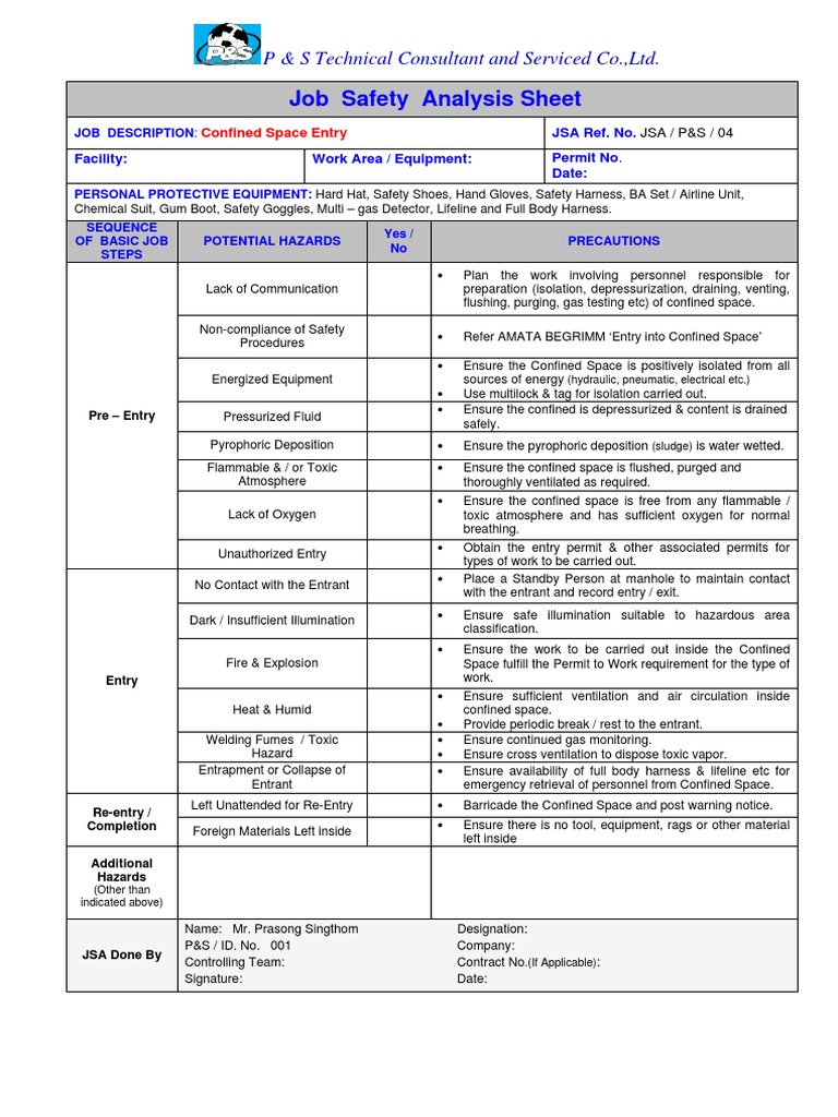 JSA Confined Sapce Entry | PDF | Safety | Gases