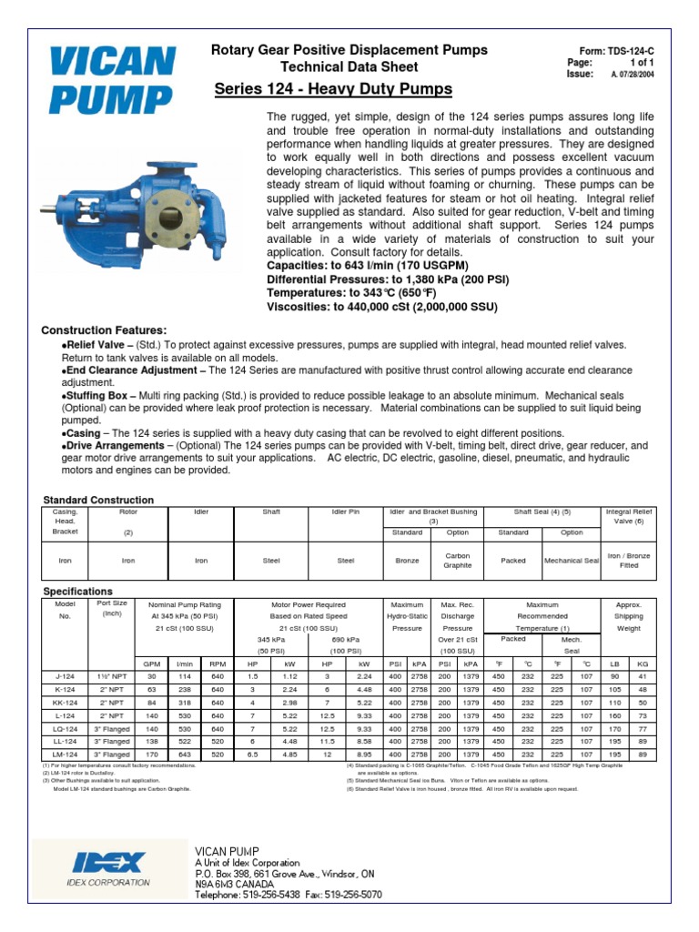 Hoja de Datos Vican Serie 124 | PDF | Pump | Engines