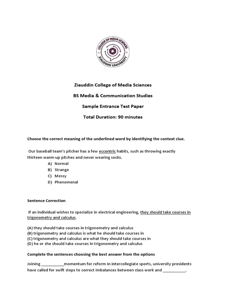 Sample Entrance Test Paper | PDF | Cognition | Science