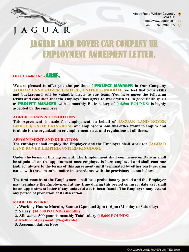 Jaguar Land Rover Uk Employment Agreement Letter. | PDF | Contractual ...