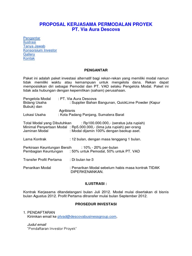 Proposal Kerjasama Modal Proyek VAD | PDF | Pengelolaan Keuangan & Uang