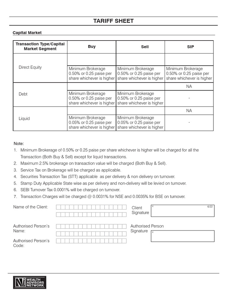 Tariff Sheet: Capital Market | PDF