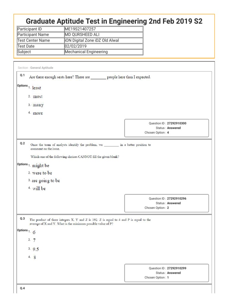 Graduate Aptitude Test in Engineering 2nd Feb 2019 S2 | PDF | Tests ...